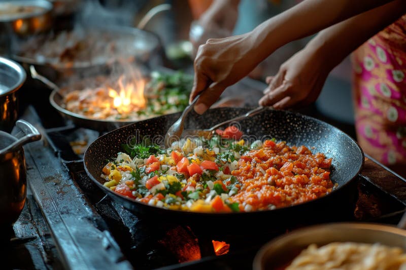 Culinary Teamwork in a Vibrant Kitchen during an Evening Cooking Event ...