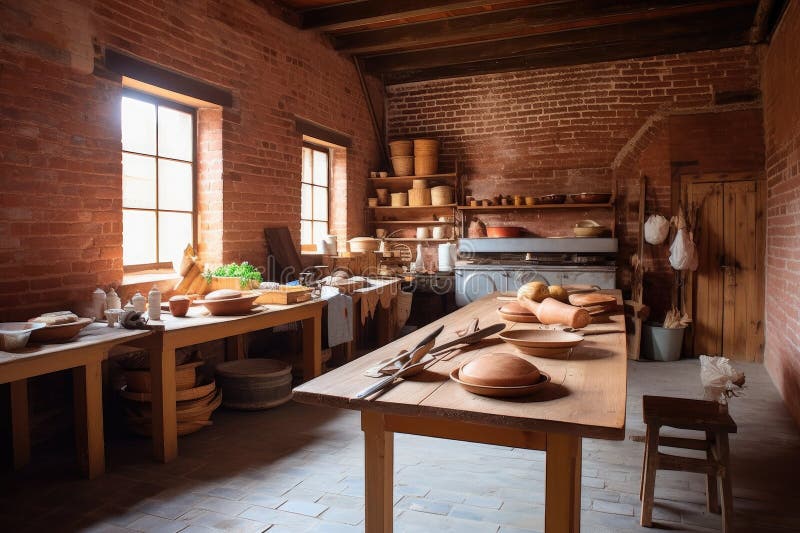 Culinary Workshop in Rustic Kitchen, with Wooden Tables and Brick Walls ...