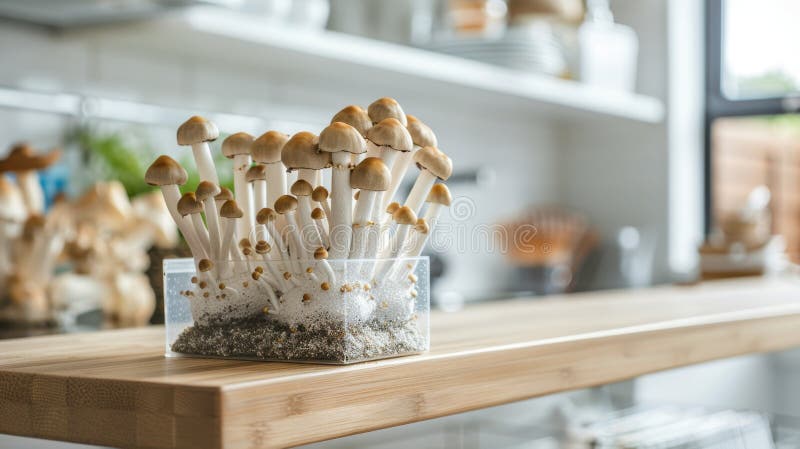 Cultivating Fresh Brown Mushrooms at Home Kitchen Environment Stock ...