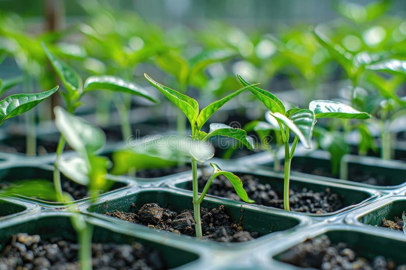 Cultivation Row of Chilli Sprout Growing in Soil Tray Stock ...