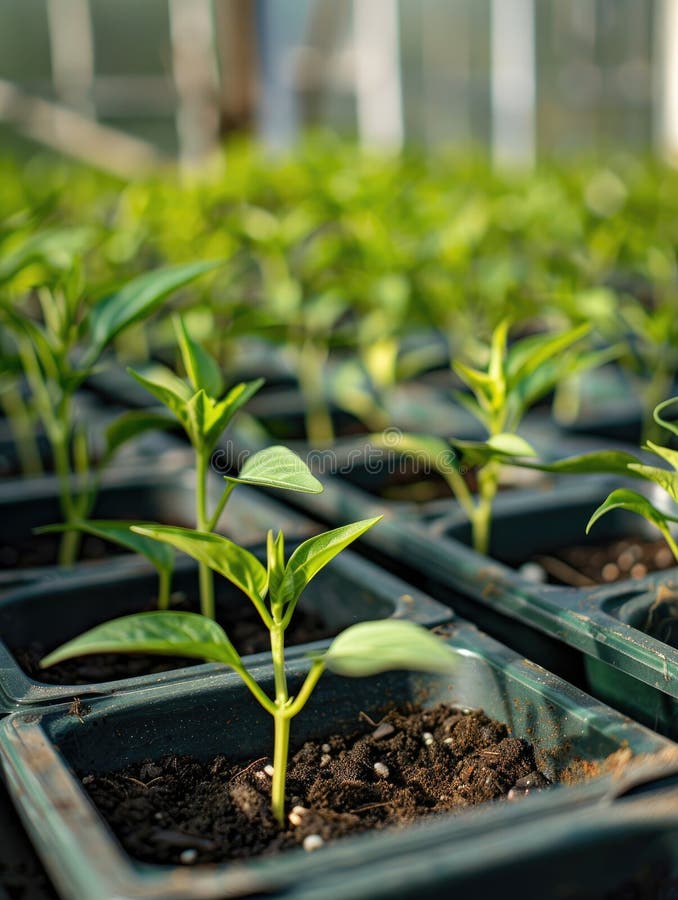 Cultivation Row of Chilli Sprout Growing in Soil Tray Stock ...