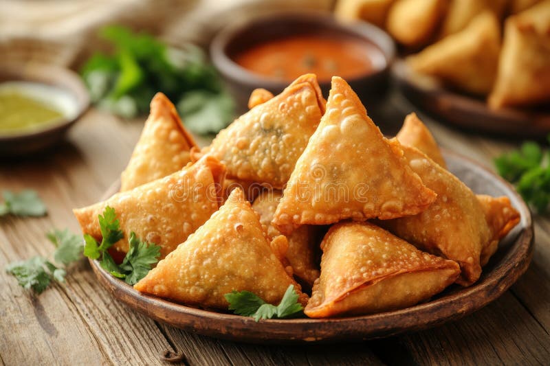 Cultural Culinary Display, a Full Plate of Samosas on a Rustic Table ...