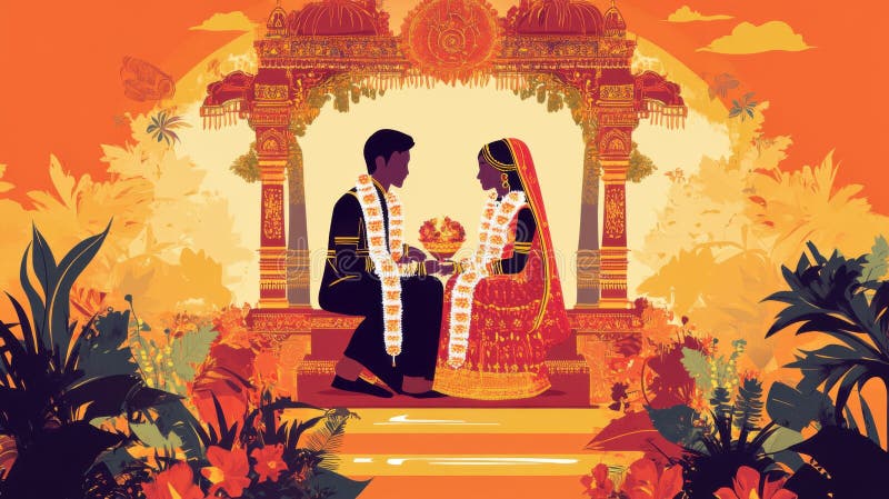 Cultural Wedding Background with Bride and Groom, Vector Illustration ...