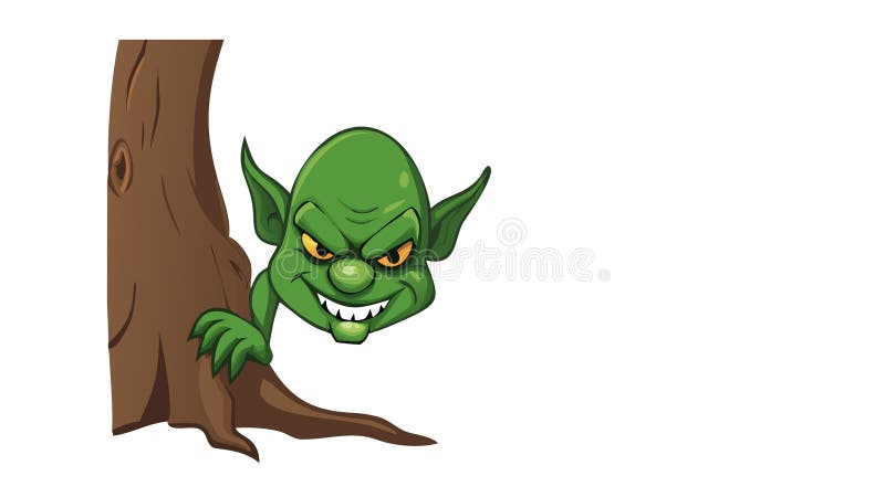Cunning Brown Goblin Peeking from Tree Trunk Vector, Forest Imp ...