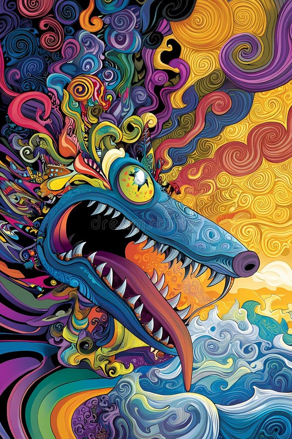 Psychedelic Colorful Dragon Swirls Abstract Art Fantasy Creature Vivid ...