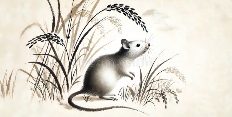 Cunning Rat Under Rice Plant. Ink Zodiac Stock Illustration ...