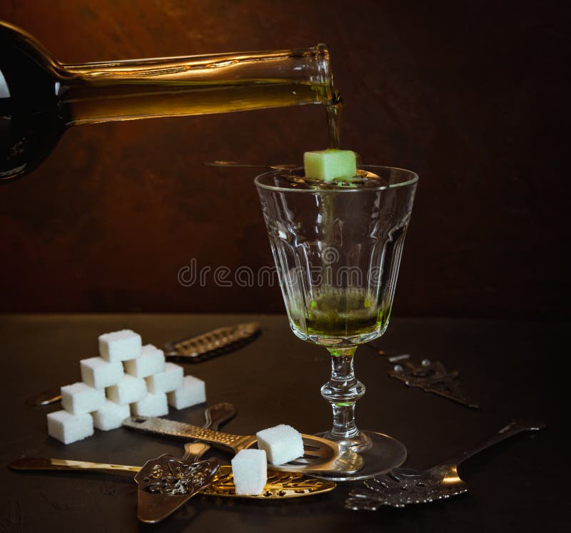 Cup with Absinthe and Some Sugar Cubes. Absinthe Ritual Stock Photo ...