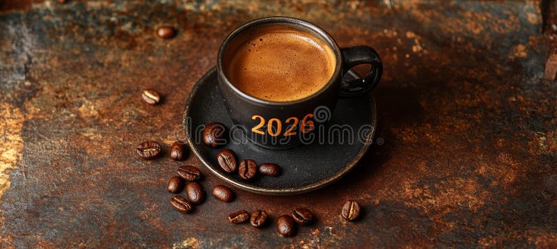 Cup of Aromatic Coffee with the Number 2026 and Roasted Coffee Beans ...