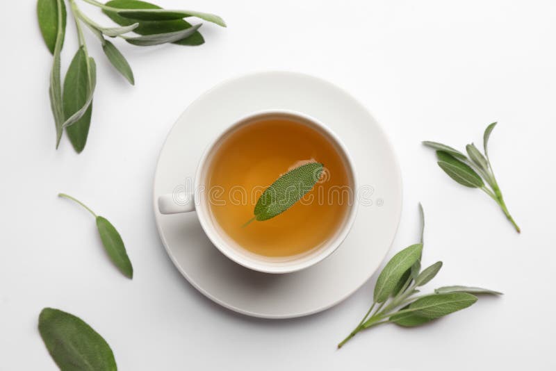 Cup of Aromatic Herbal Tea with Sage on White Table, Flat Lay Stock ...