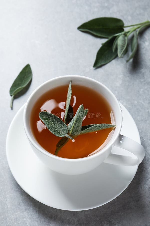 Cup of Aromatic Sage Tea and Fresh Leaves on Grey Table Stock Image ...