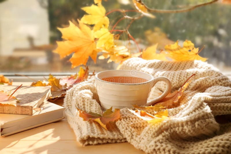 Cup of Aromatic Tea with Warm Plaid and Autumn Leaves on Windowsill ...