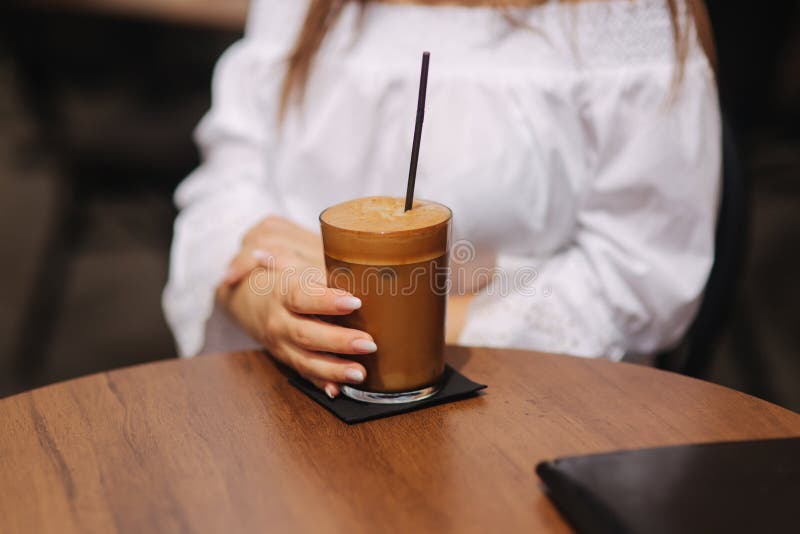 Cup of Big Latte Portion. Close Up Hands Hold Cup Stock Photo - Image ...