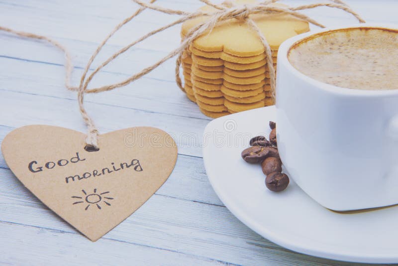 Cup of Black Coffee with Froth, Gingerbread Cookie and Good Morning ...
