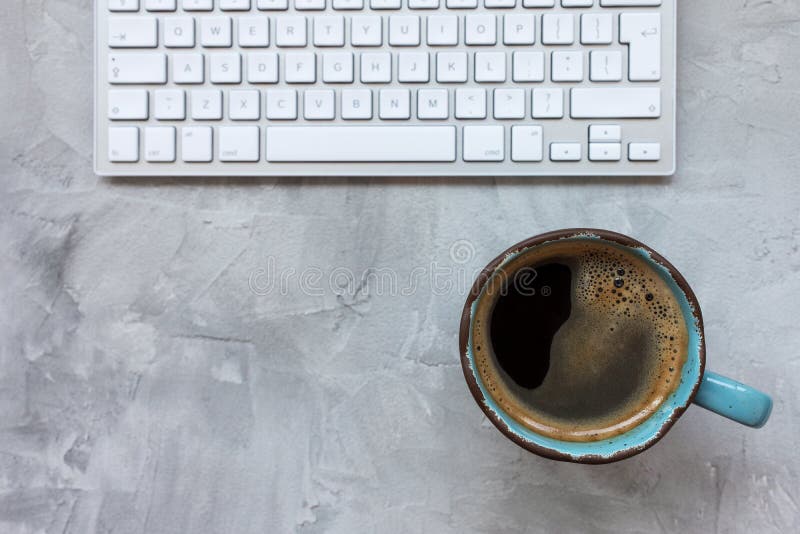 Cup of Black Coffee and Keyboard on Gray Background Stock Image - Image ...