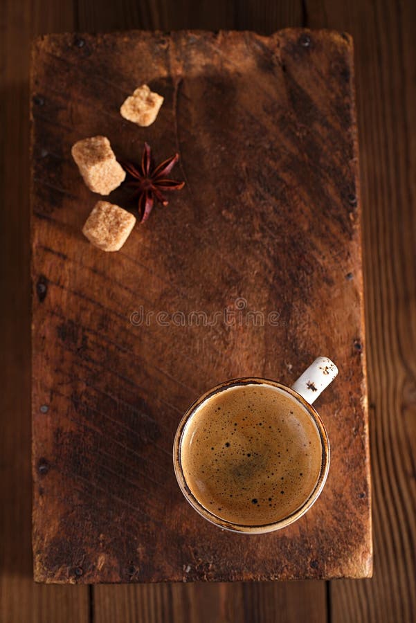 A Cup of Black Coffee on Old Textured Wood Stock Image - Image of food ...