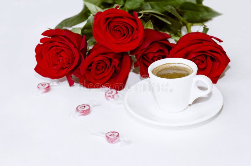 Cup of Black Coffee and Red Roses Stock Image - Image of liquid ...