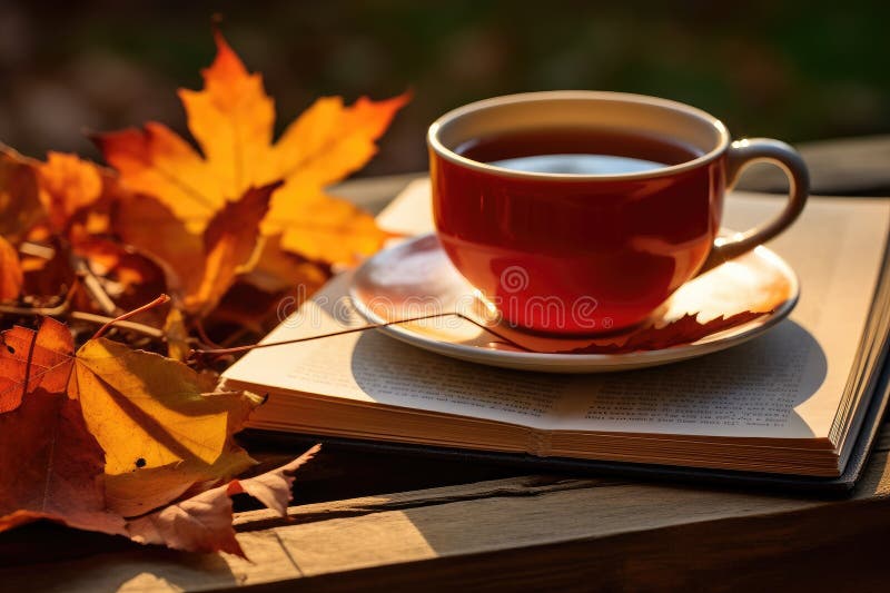 Cup of Black Tea with Books and Autumn Leaves , AI Generated Stock ...