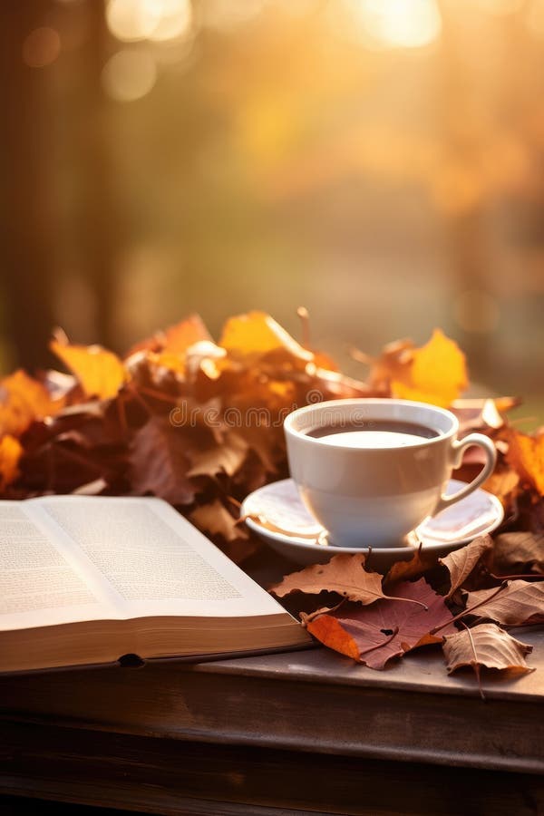 Cup of Black Tea on Pile of Books and Autumn Leaves , AI Generated ...