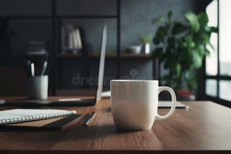 Cup with Blank Front Realistic Mockup on Desk in Modern Office Stock ...