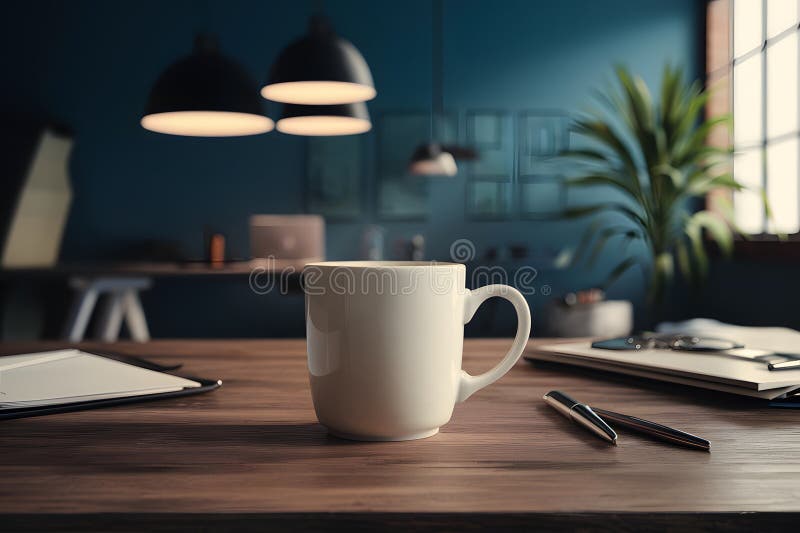 Cup with Blank Front Realistic Mockup on Desk in Modern Office Stock ...