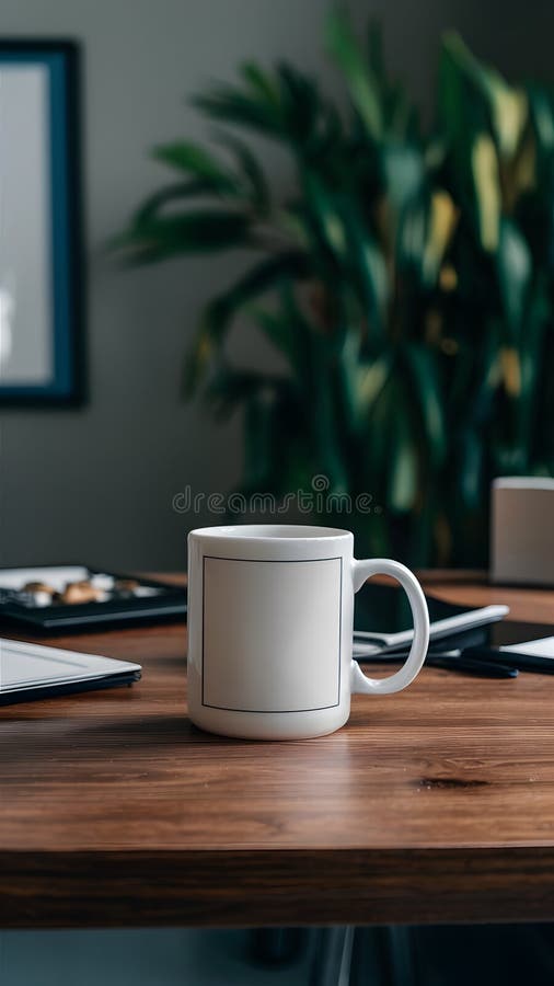 Cup with Blank Front Realistic Mockup on Desk in Modern Office Stock ...