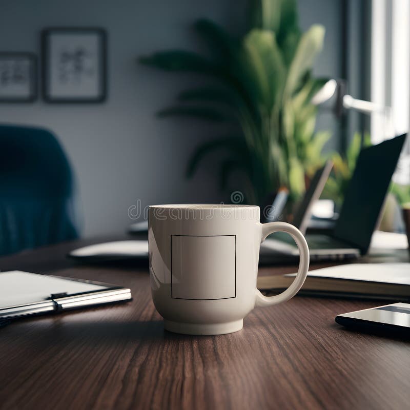 Cup with Blank Front Realistic Mockup on Desk in Modern Office Stock ...