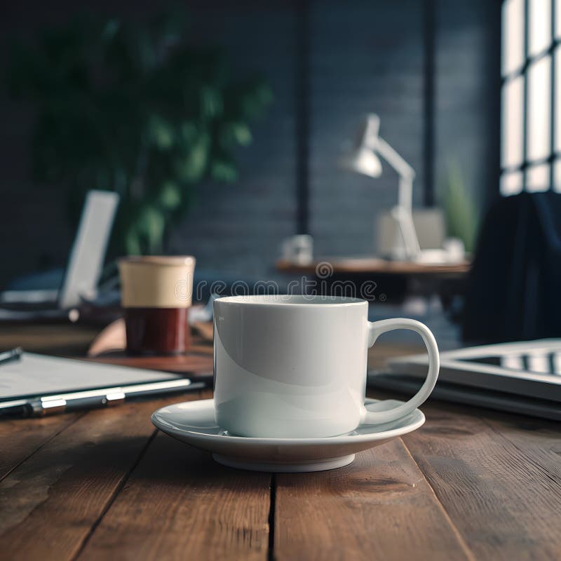 Cup with Blank Front Realistic Mockup on Desk in Modern Office Stock ...