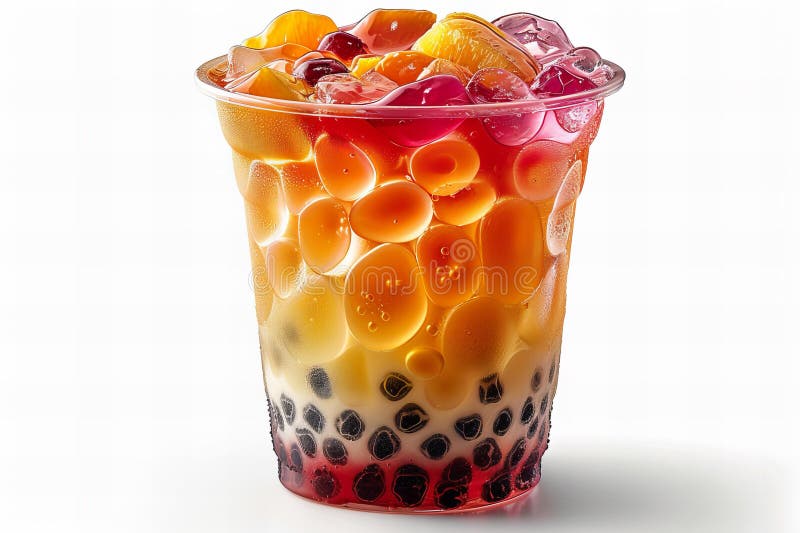 A Cup of Bubble Tea, with Fruit and Jelly in the Bottom Half. the Glass ...