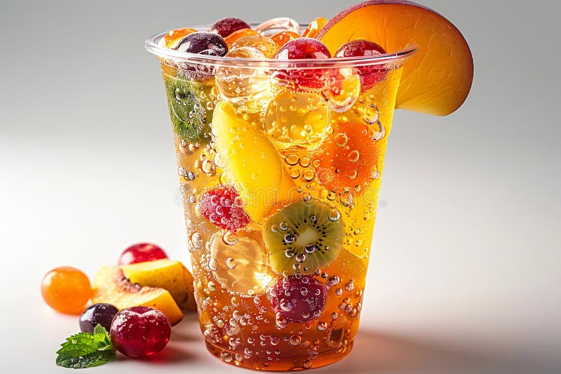 A Cup of Bubble Tea, with Fruit and Jelly in the Bottom Half. the Glass ...