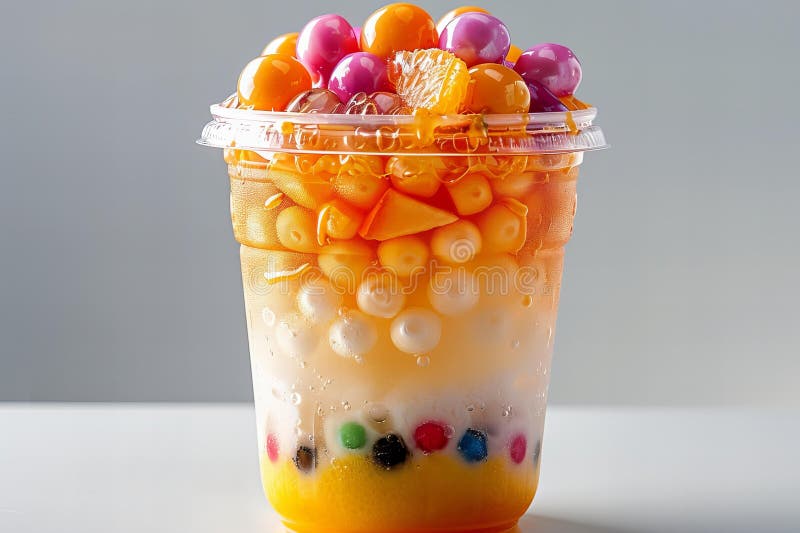 A Cup of Bubble Tea with Fruit and Orange Pulp at the Bottom is Filled ...