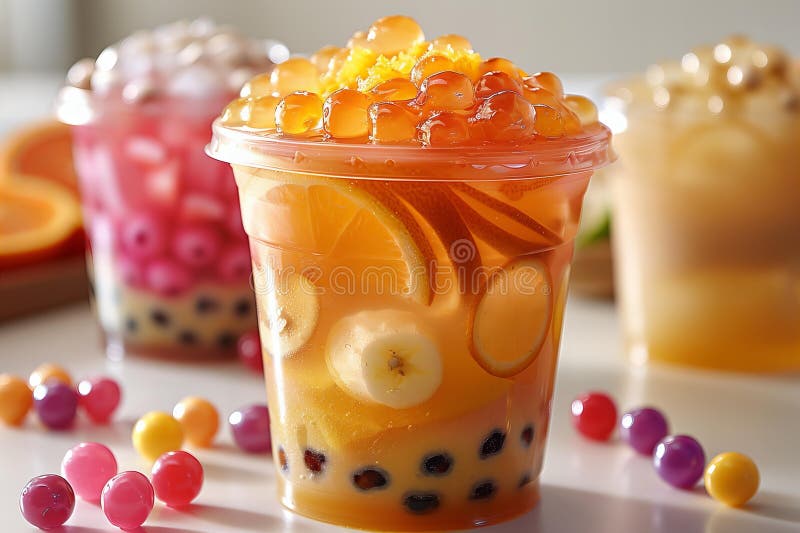 A Cup of Bubble Tea with Fruit and Orange Pulp at the Bottom is Filled ...