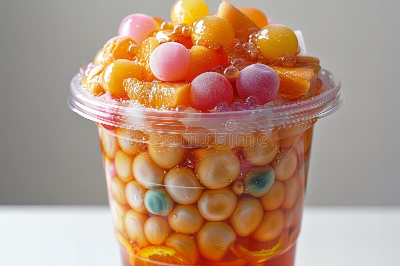 A Cup of Bubble Tea with Fruit and Orange Pulp at the Bottom is Filled ...