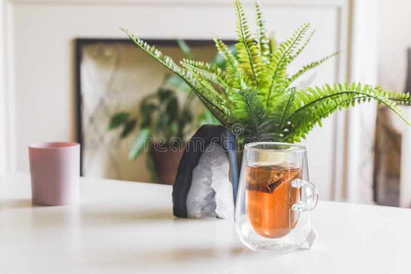 Cup of Calming Herbal Tea with Bag in Home Interior Setting Stock Photo ...
