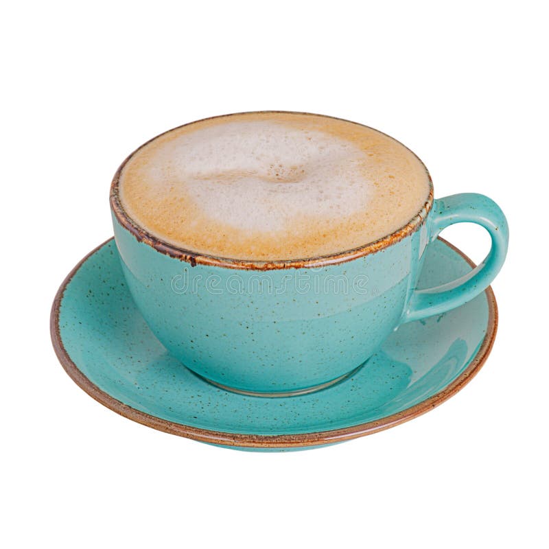 A Cup of Cappuccino in a Turquoise Cup and Saucer. Coffee with Milk ...