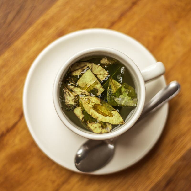 Cup of Coca Tea on Wooden Table with Diagonal Lines, Peru, South ...