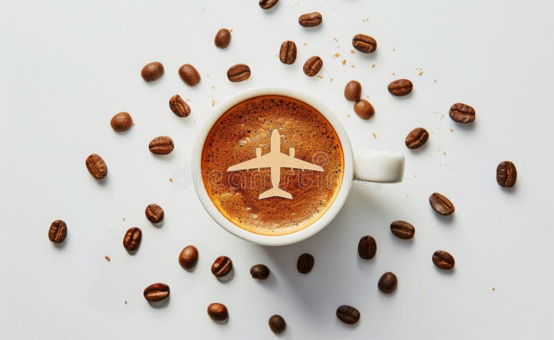 A Cup of Coffee with an Airplane Design in the Foam Surrounded by ...