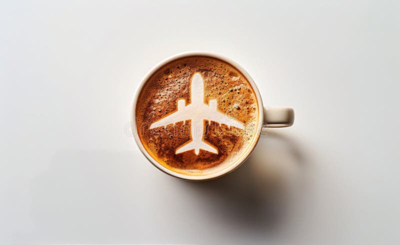 A Cup of Coffee with an Airplane Design in the Foam Surrounded by ...