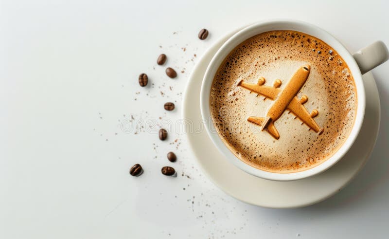 A Cup of Coffee with an Airplane Design in the Foam Surrounded by ...