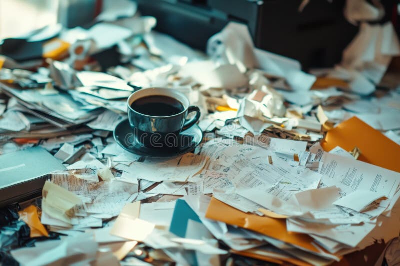 A Cup of Coffee Amidst a Sea of Paper Clutter Stock Illustration ...
