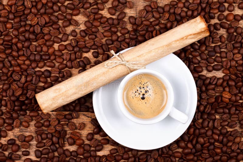 Cup of Coffee and Ancient Paper Roll Stock Image - Image of table, edge ...