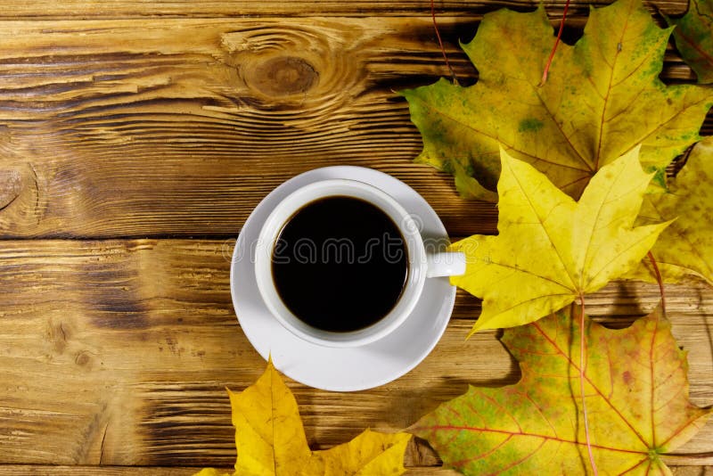 Cup of Coffee and Autumn Maple Leaves on Wooden Table. Top View. Autumn ...