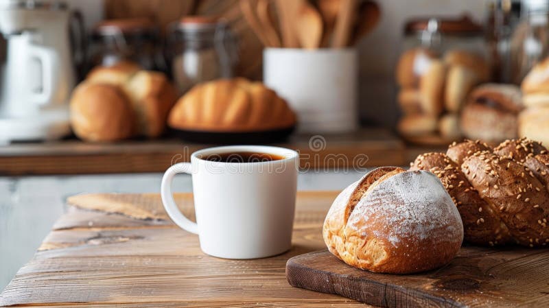 A Cup of Coffee and Bakery Bread on a Table. Generative Ai Stock Photo ...