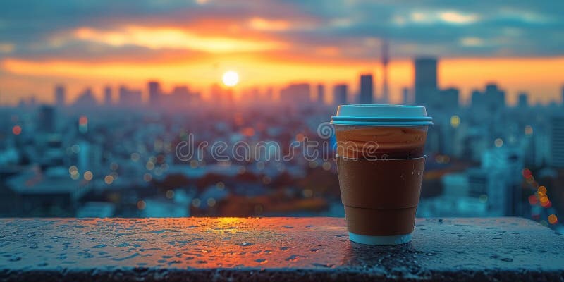 Cup of Coffee on the Balcony with View on the City Skyline Stock Photo ...