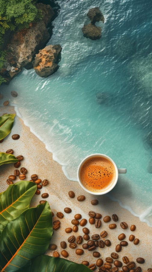 A Cup of Coffee on a Beach with Leaves and Sea Shells, AI Stock Photo ...