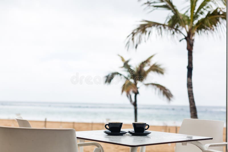 A Cup of Coffee on the Beach and Palm Tree Stock Image - Image of ...