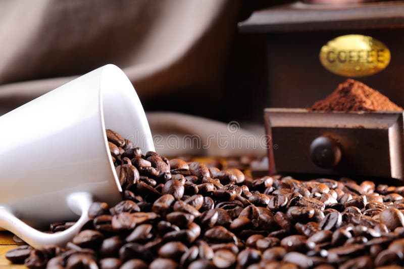 Cup of Coffee with Beans Front View Stock Photo - Image of grain ...