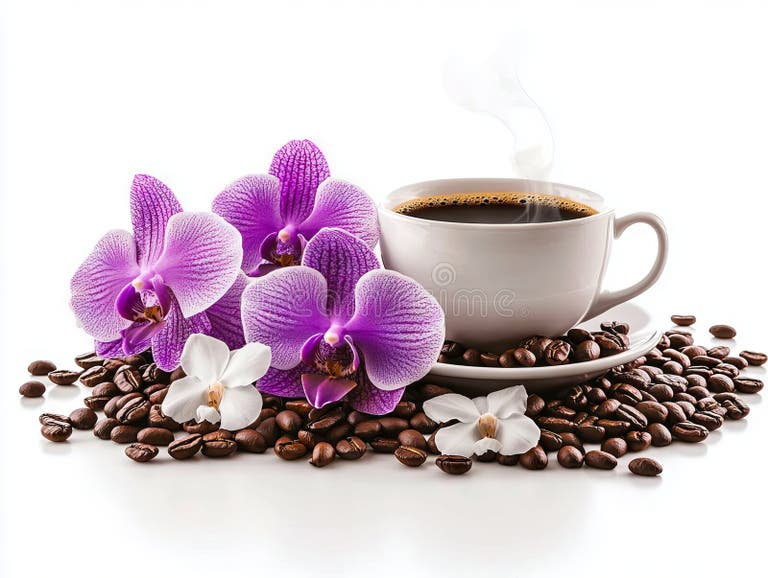 A Cup of Coffee and Coffee Beans with Orchids on a White Background ...
