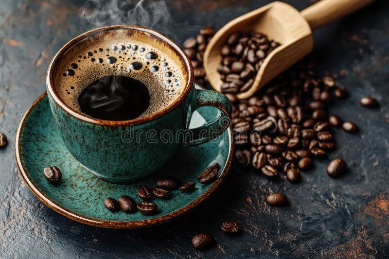 A Cup of Coffee and Beans on the Table with Rustic Background and ...
