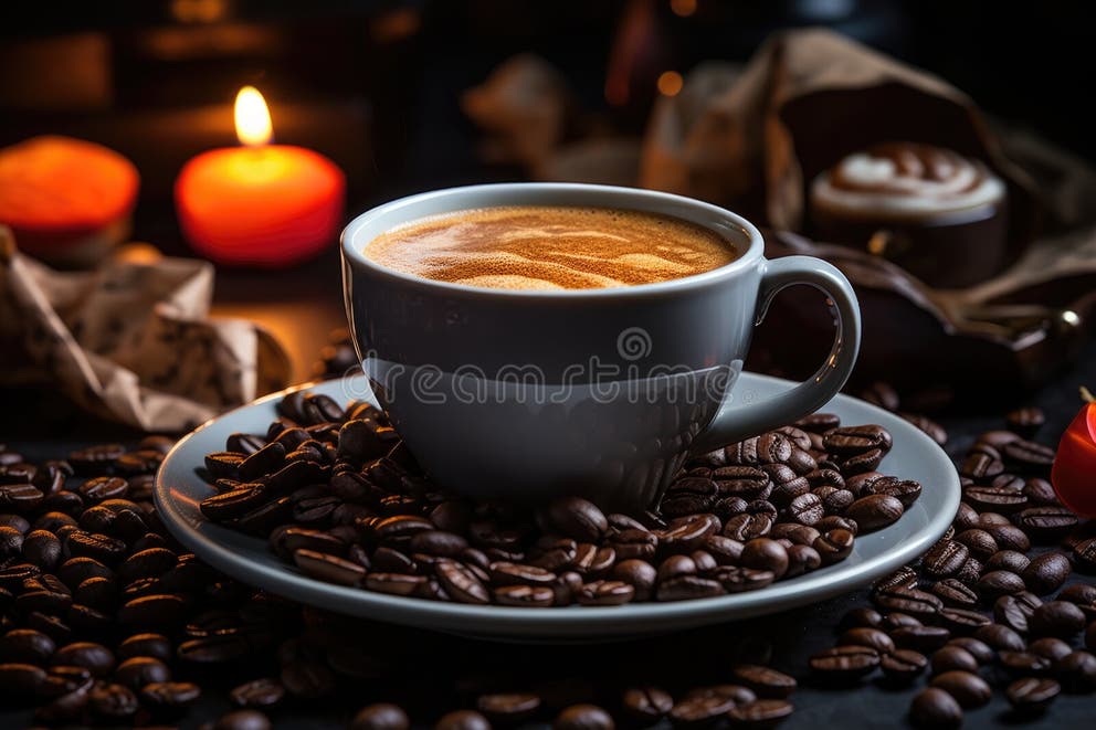 Cup of Coffee and Coffee Beans at the Table, Upper View, Love Coffee ...