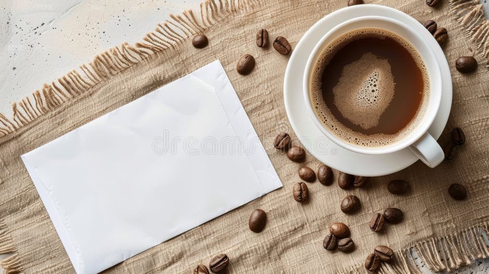 A Cup of Coffee Beans and a White Envelope on the Table, AI Stock Photo ...